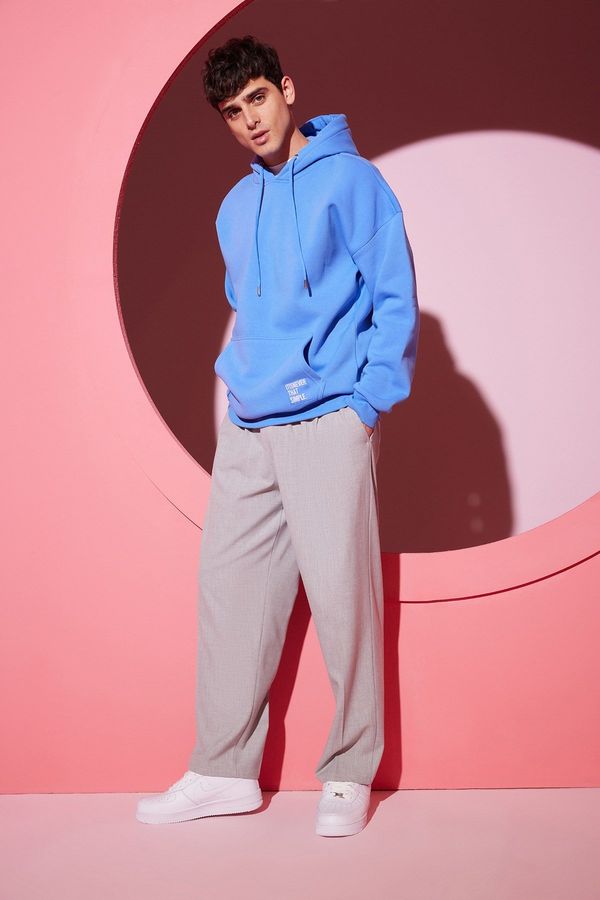 TRENDYOL BASIC BLUE OVERSIZE/WIDE-FIT HOODED LABELED FLEECE INNER SWEATSHIRT