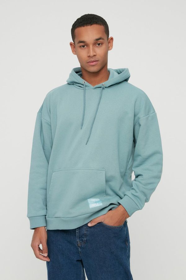 TRENDYOL BASIC MINT OVERSIZE/WIDE-FIT HOODED LABELED FLEECE INNER SWEATSHIRT