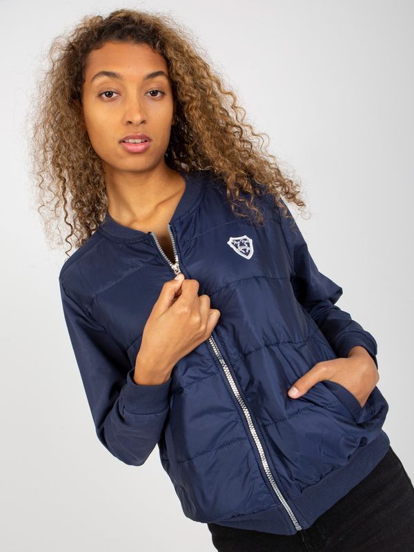 RUE PARIS DARK BLUE QUILTED BOMBER SWEATSHIRT WITH POCKETS