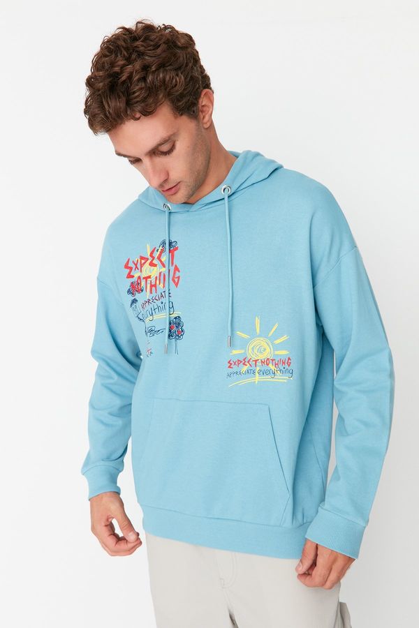 TRENDYOL BLUE MEN'S OVERSIZE/WIDE-CUT HOODIE PRINTED SWEATSHIRT