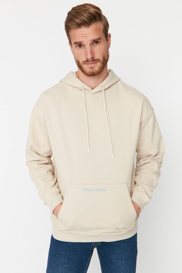 TRENDYOL BEIGE BASIC OVERSIZE/WIDE CUT FIT HOODED PRINTED SWEATSHIRT