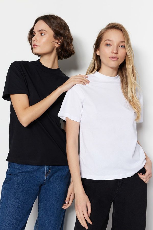 Trendyol White-Black 2-Pack 100% Cotton Basic Stand-Up Collar Knitted T-Shirt