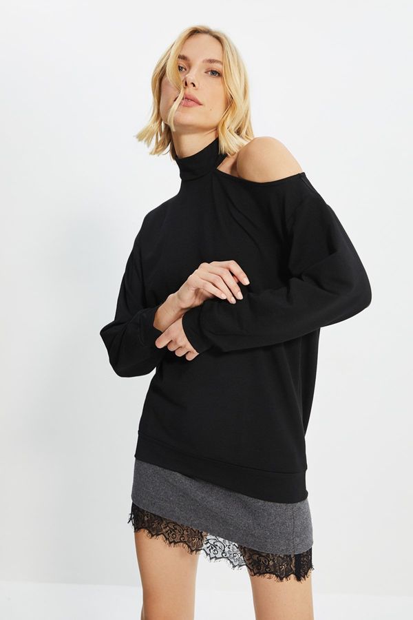 TRENDYOL BLACK STAND UP COLLAR SHOULDER DETAILED BASIC KNITTED SWEATSHIRT