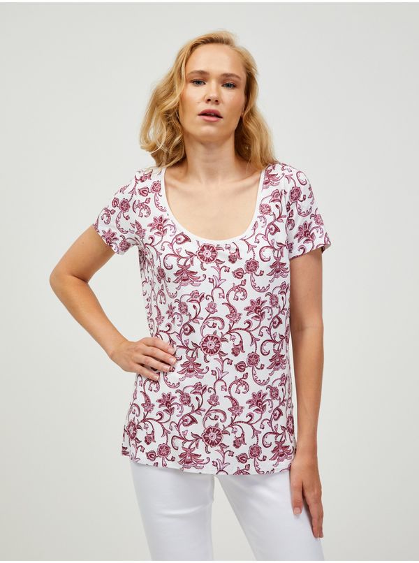 WINE-WHITE PATTERNED T-SHIRT ORSAY - WOMEN
