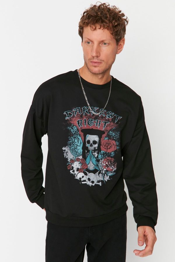 TRENDYOL BLACK OVERSIZE/WIDE-FIT CREW NECK ROCK THEME SWEATSHIRT