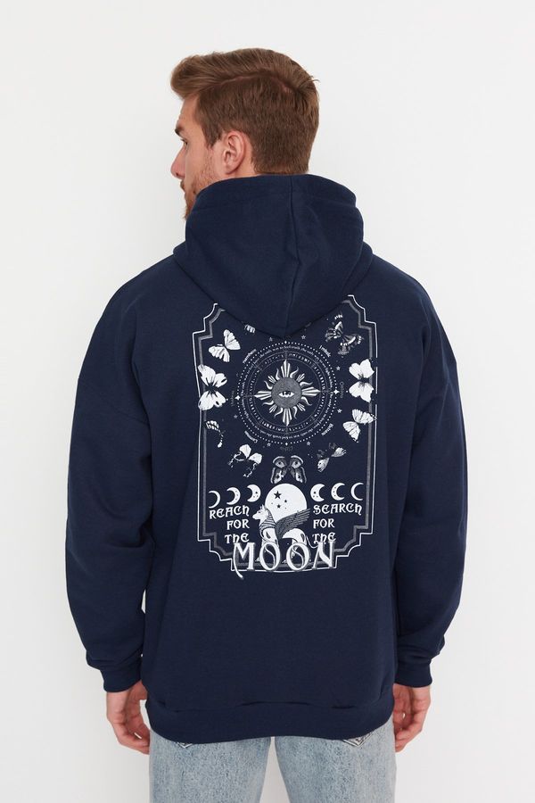 TRENDYOL NAVY BLUE OVERSIZE/WIDE-FIT SPACE PRINTED FLEECE COTTON SWEATSHIRT