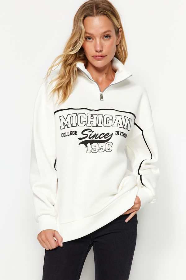 TRENDYOL ECRU ZIPPER PRINTED OVERSIZE/WIDE FIT THICK FLEECE KNITTED SWEATSHIRT