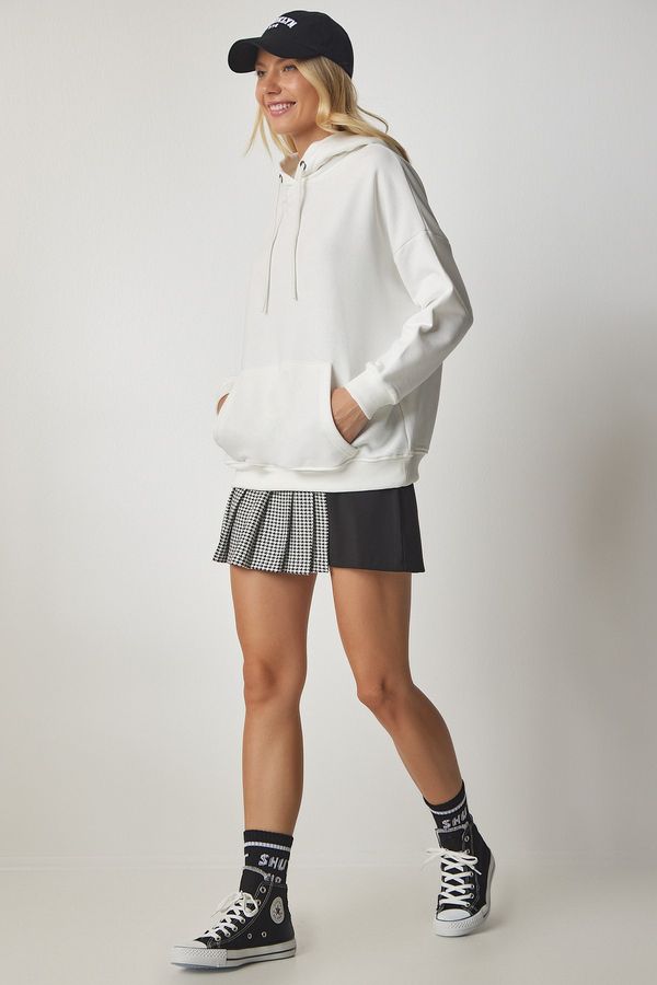 HAPPINESS İSTANBUL WOMEN'S WHITE HOODED RAISED BASIC SWEATSHIRT