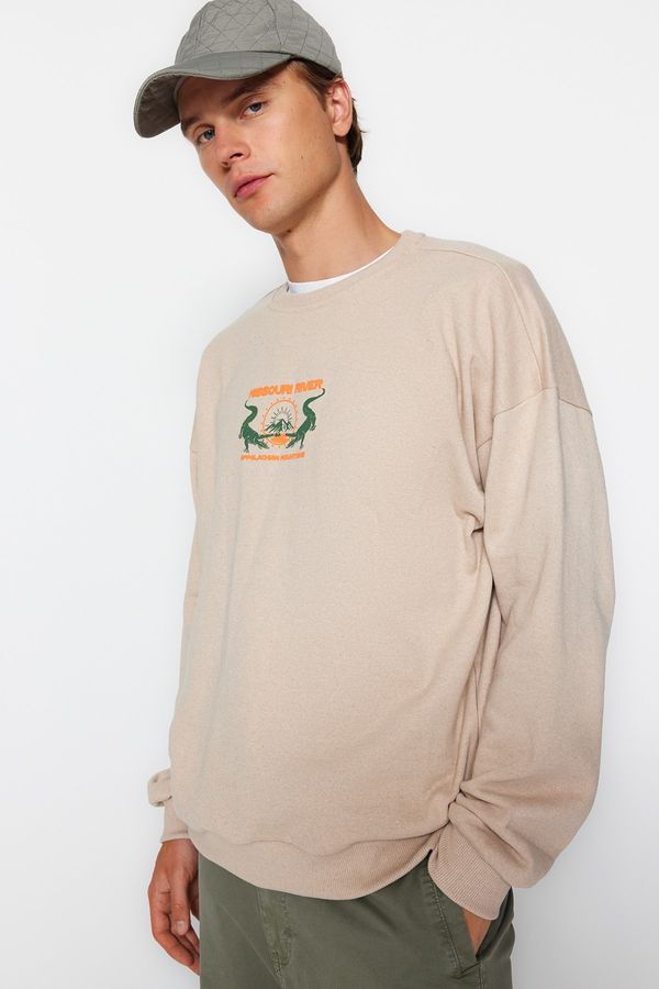TRENDYOL MEN'S BEIGE OVERSIZE/WIDE-FIT ANIMAL PRINT FLEECE INNER SWEATSHIRT