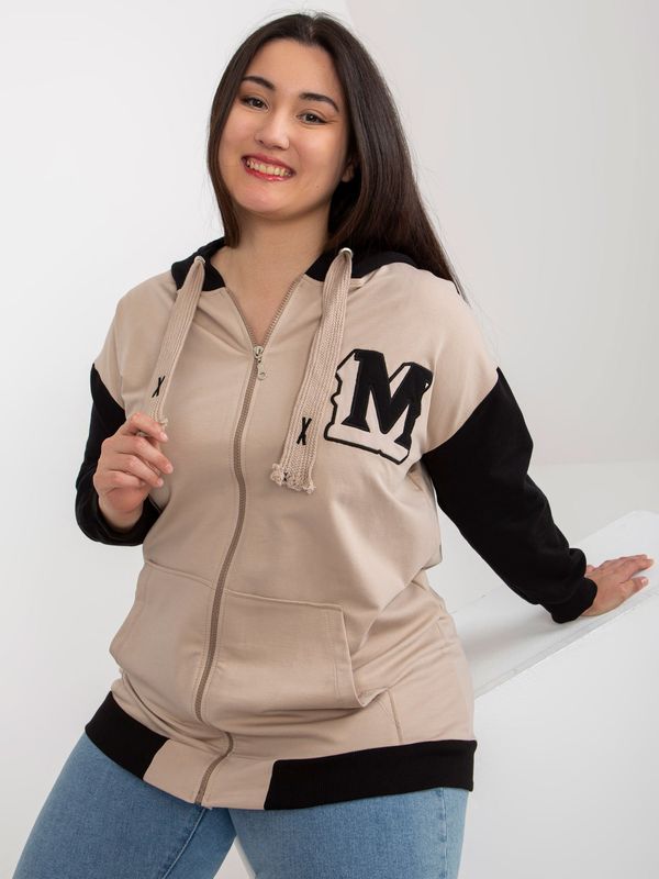 BEIGE AND BLACK PLUS SIZE ZIPPERED SWEATSHIRT WITH PATCH