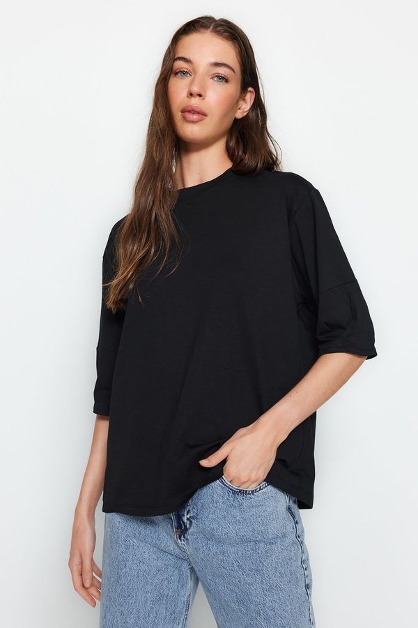 TRENDYOL BLACK 100% COTTON PREMIUM OVERSIZE/WIDE FIT ALL-IN-ONE SQUARE ARMS KNITTED T-SHIRT