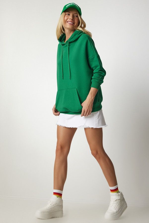 HAPPINESS İSTANBUL WOMEN'S GREEN HOODED RAISED BASIC SWEATSHIRT