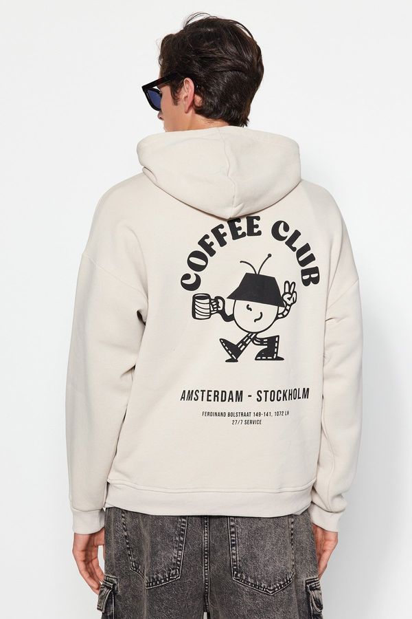 TRENDYOL STONE MEN'S OVERSIZE/WIDE-FIT HOODED FLUFFY PRINT DETAIL FLEECE INSIDE COTTON SWEATSHIRT