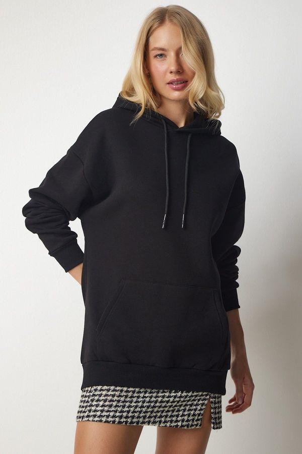 HAPPINESS İSTANBUL WOMEN'S BLACK HOODED KNITTED SWEATSHIRT
