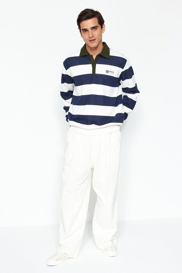TRENDYOL NAVY REGULAR/REGULAR FIT POLO NECK STRIPED FLEECE INSIDE COTTON SWEATSHIRT