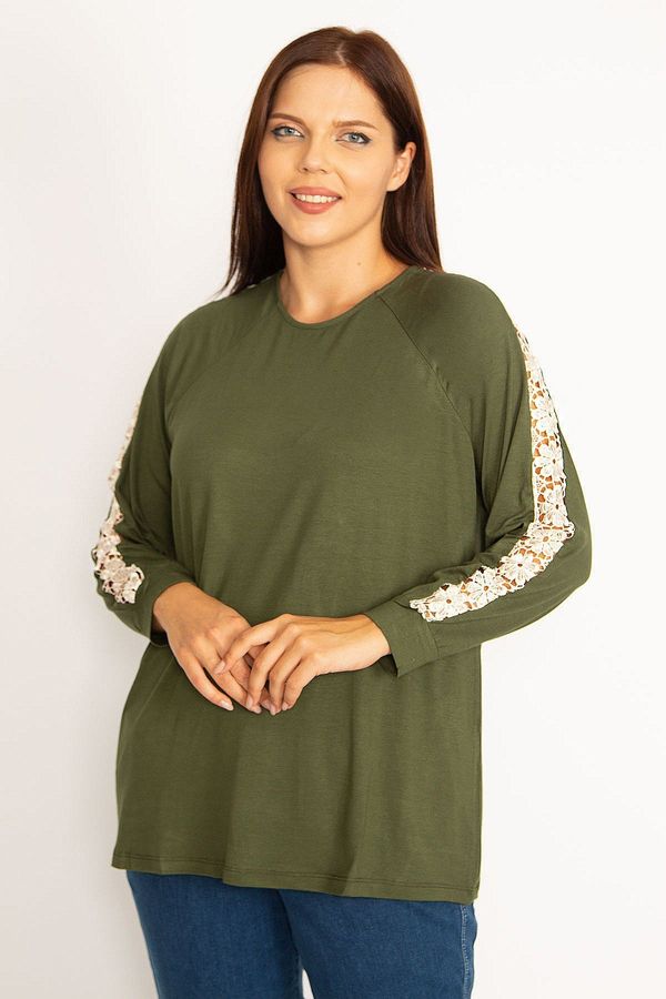 Şans Women's Plus Size Khaki Lace Detailed Blouse