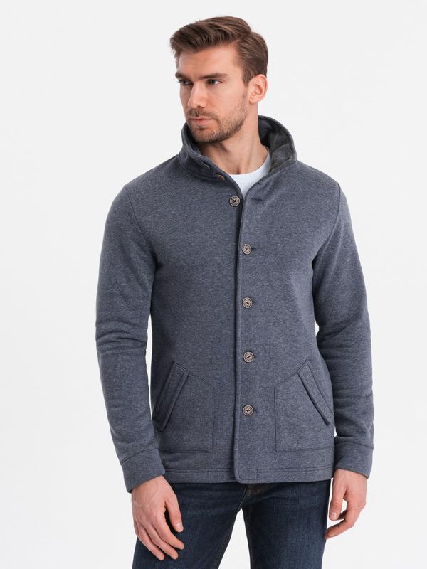 OMBRE MEN'S CASUAL SWEATSHIRT WITH BUTTON-DOWN COLLAR - NAVY BLUE MELANGE