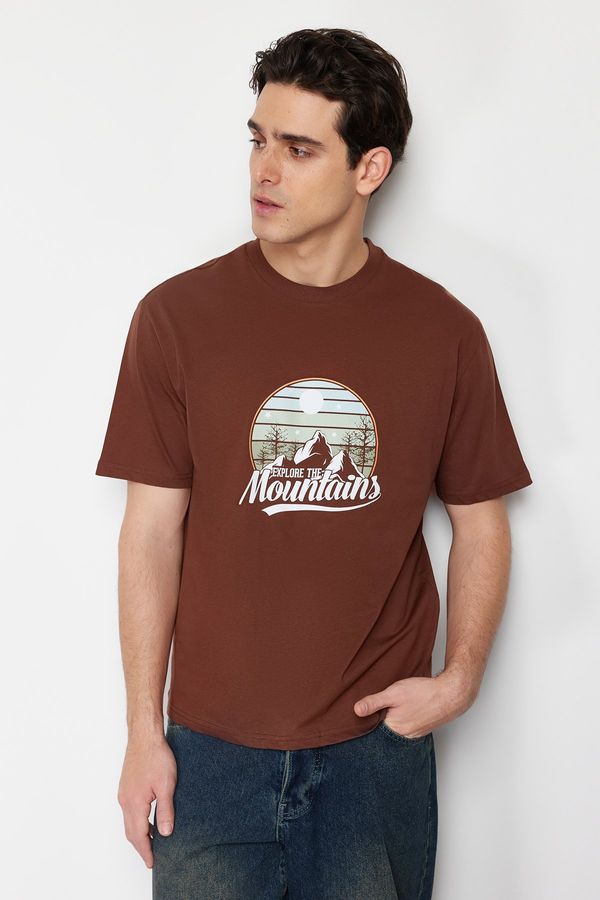 TRENDYOL BROWN RELAXED/CASUAL-FIT SCENERY-TEXT PRINTED 100% COTTON T-SHIRT