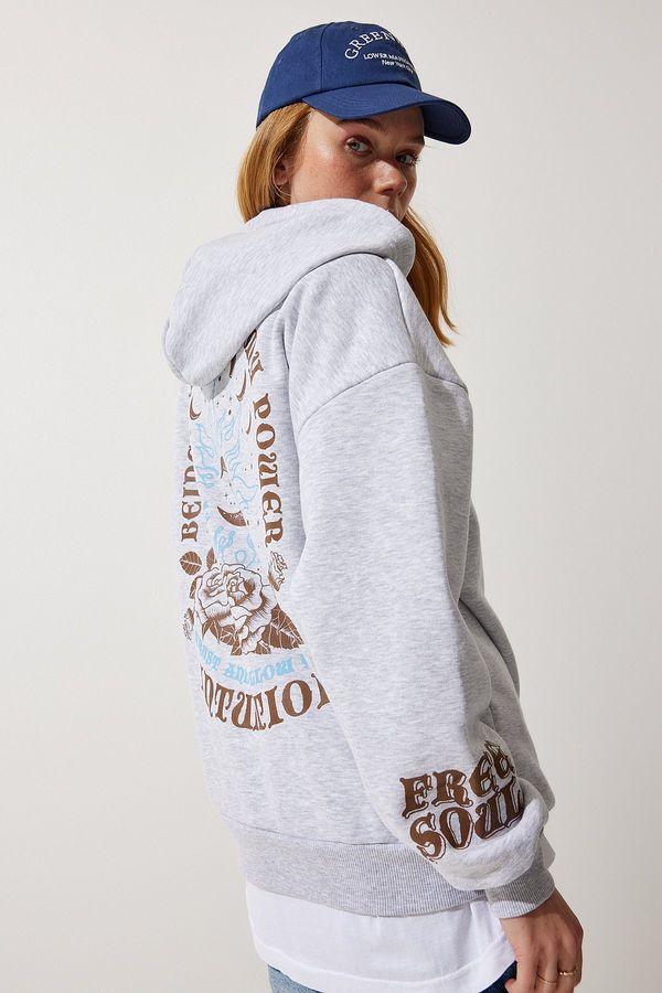 HAPPINESS İSTANBUL WOMEN'S GRAY HOODED RAISED KNITTED SWEATSHIRT
