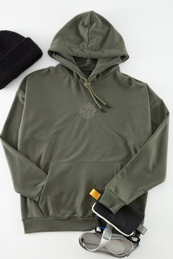 TRENDYOL KHAKI OVERSIZE/WIDE-FIT HOODED FLORAL EMBROIDERED SWEATSHIRT