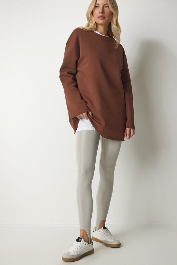 HAPPINESS İSTANBUL WOMEN'S BROWN SHARK OVERSIZED KNITTED SWEATSHIRT