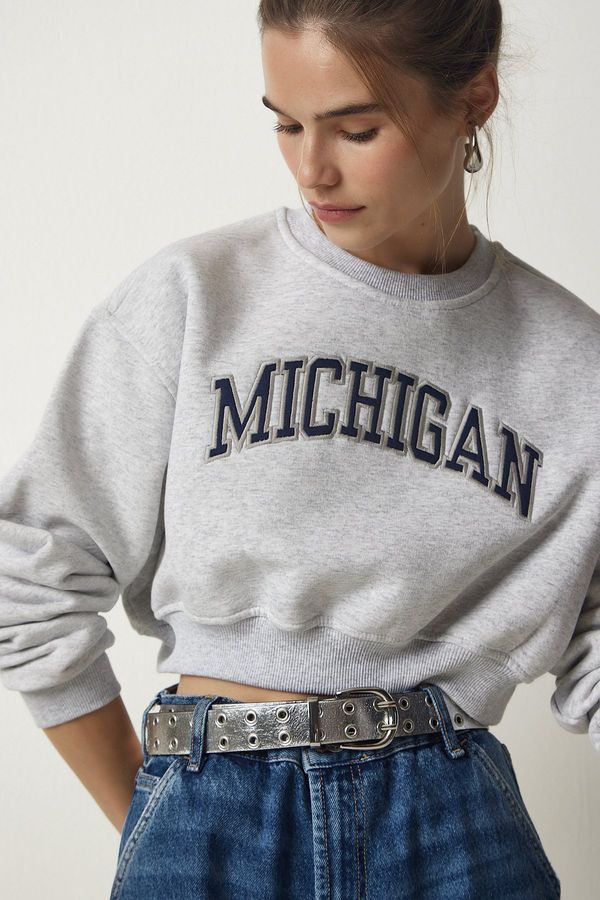HAPPINESS İSTANBUL WOMEN'S GRAY PRINTED RAISED CROP KNITTED SWEATSHIRT