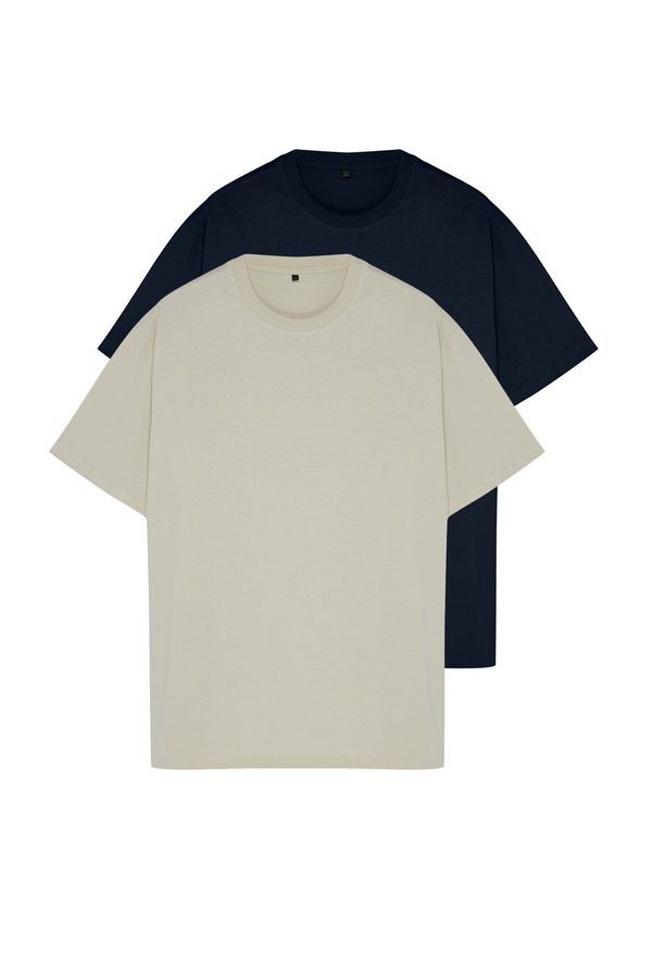 TRENDYOL STONE-NAVY BLUE PLUS SIZE 2 PACK REGULAR/REGULAR CUT T-SHIRT