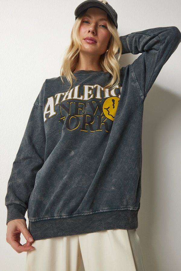 HAPPINESS İSTANBUL WOMEN'S ANTHRACITE PALE EFFECT OVERSIZE SWEATSHIRT