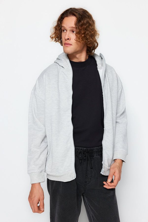 TRENDYOL GRAY MELANGE OVERSIZE/WIDE-FIT ZIPPERED SPECIAL COLLAR COTTON SWEATSHIRT