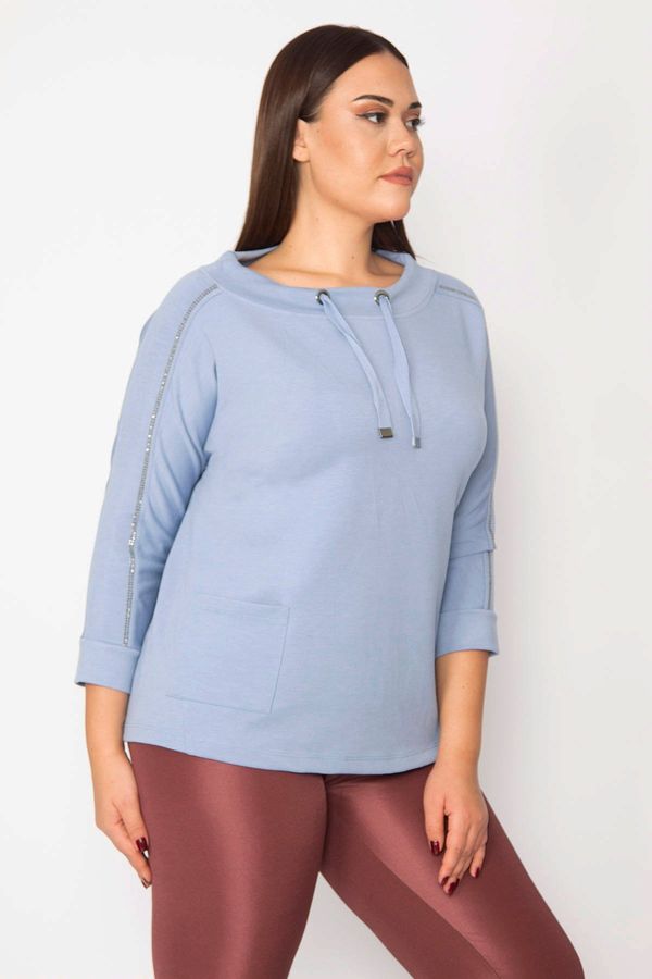 Şans Women's Plus Size Blue Sweatshirt with Eyelets and Stones Detailed Pockets