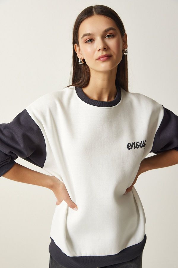 HAPPINESS İSTANBUL WOMEN'S WHITE ANTHRACITE COLOR BLOCK COLOR RAISING SWEATSHIRT