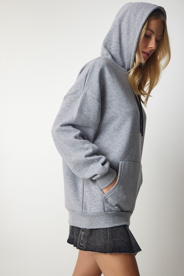 HAPPINESS İSTANBUL WOMEN'S GRAY HOODED KNITTED SWEATSHIRT