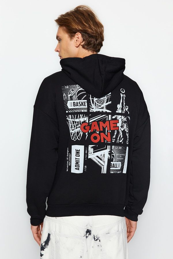 TRENDYOL BLACK OVERSIZE/WIDE CUT HOODED BASKETBALL PRINTED COTTON SWEATSHIRT