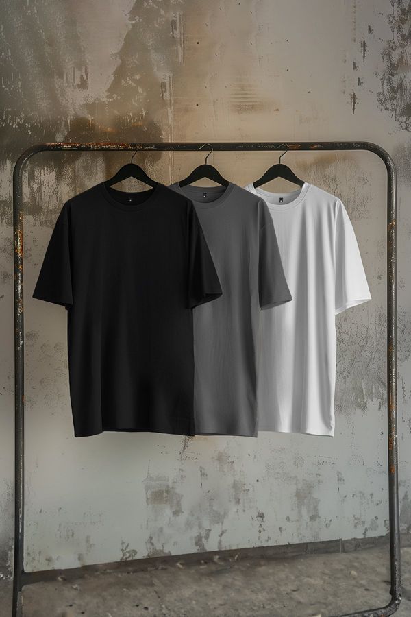 TRENDYOL BLACK-ANTHRACITE-ECRU OVERSIZE 3-PACK BASIC 100% COTTON T-SHIRT