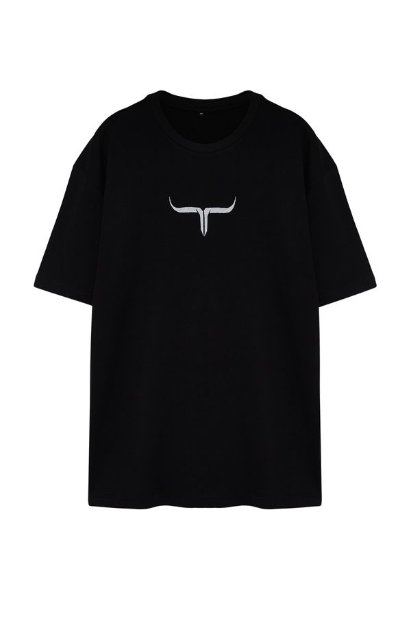 TRENDYOL LARGE SIZE BLACK OVERSIZE/WIDE FIT COMFORTABLE PRINTED 100% COTTON T-SHIRT