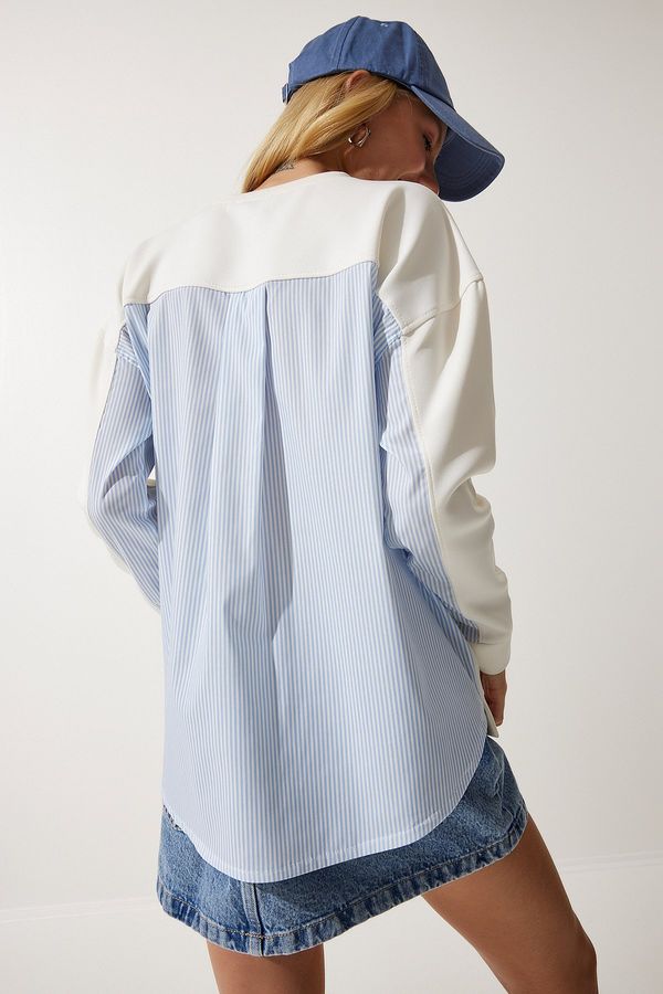 HAPPINESS İSTANBUL WOMEN'S ECRU BLUE POPLIN DETAIL KNITTED SWEATSHIRT