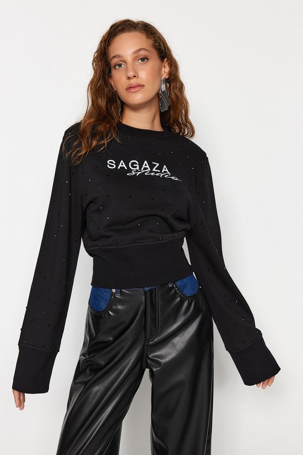 TRENDYOL X SAGAZA STUDIO BLACK SHINY STONE PRINT SWEATSHIRT