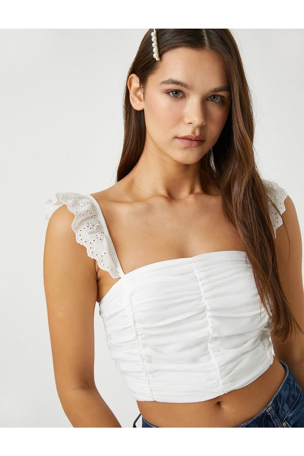 KOTON CROP TOP EMBROIDERY RUFFLE STRAP DETAIL GATHERED SQUARE COLLAR