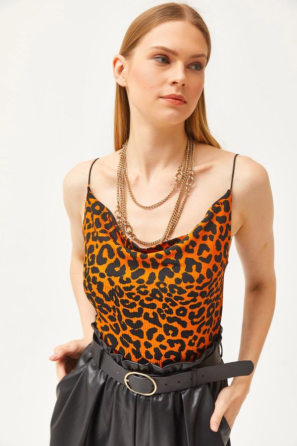OLALOOK WOMEN'S LEOPARD ORANGE TURNDOWN COLLAR ROPE STRAPPY BLOUSE