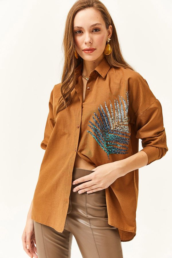 OLALOOK WOMEN'S BROWN PALM SEQUIN DETAILED OVERSIZE WOVEN POPLIN SHIRT