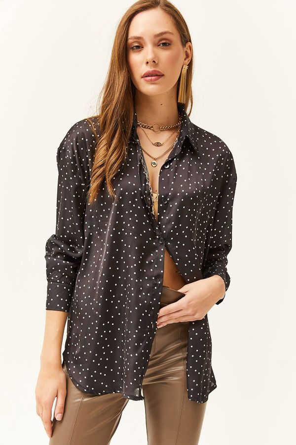 OLALOOK WOMEN'S POLKA DOT BLACK PATTERNED OVERSIZE SATIN SHIRT