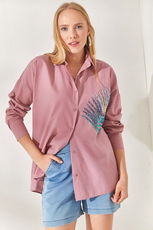 OLALOOK DRIED ROSE PALM SEQUIN DETAILED OVERSIZED WOVEN POPLIN SHIRT