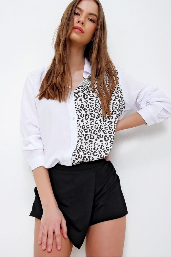 TREND ALAÇATI STILI WOMEN'S WHITE LEOPARD BLOCKY WOVEN SHIRT