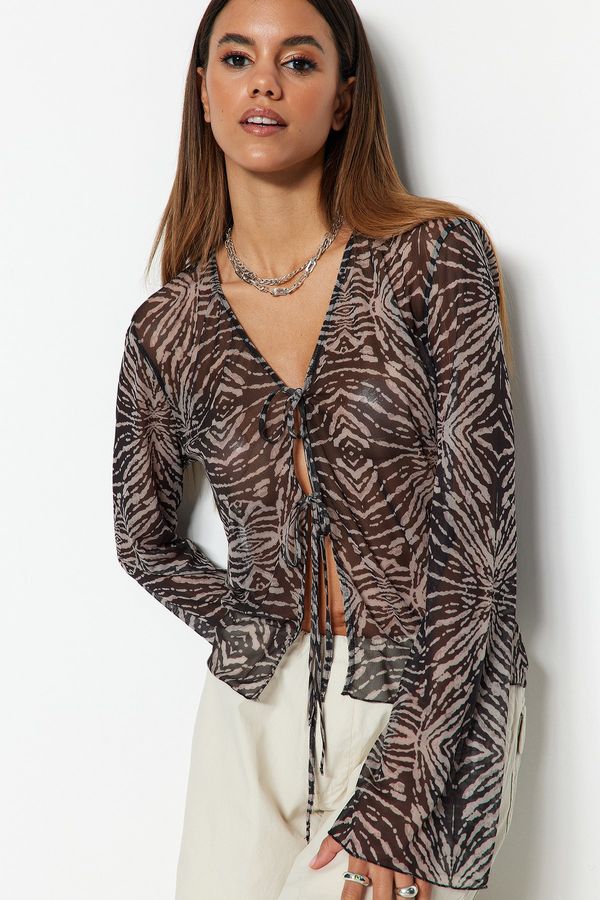 TRENDYOL BLACK PATTERNED TIE DETAILED TULLE STRETCHY KNITTED BLOUSE
