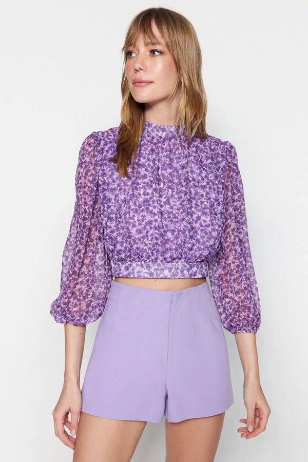 TRENDYOL PURPLE FLORAL CROP HIGH COLLAR WOVEN BLOUSE