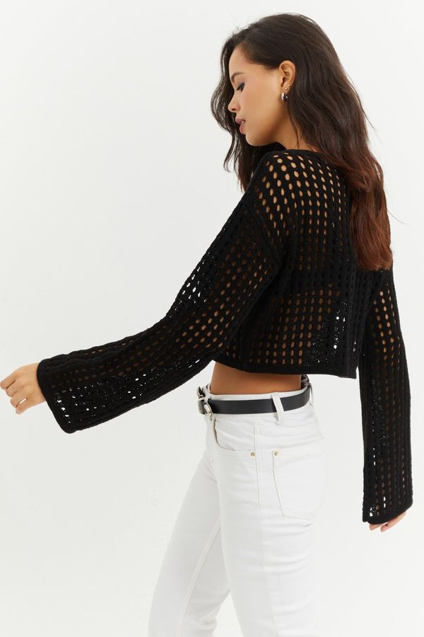 COOL & SEXY WOMEN'S BLACK SPANISH SLEEVE OPENWORK KNITWEAR SHORT BLOUSE