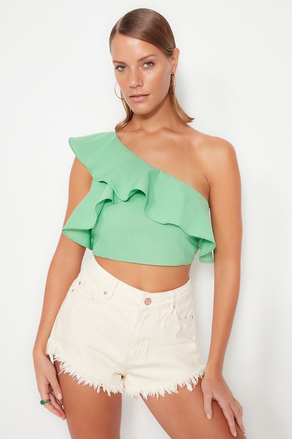 TRENDYOL GREEN CROP WOVEN FLOUNCE ONE SHOULDER 100% COTTON BLOUSE