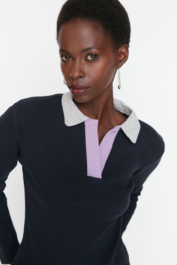TRENDYOL NAVY BLUE RIBBED FITTED KNITTED BLOUSE
