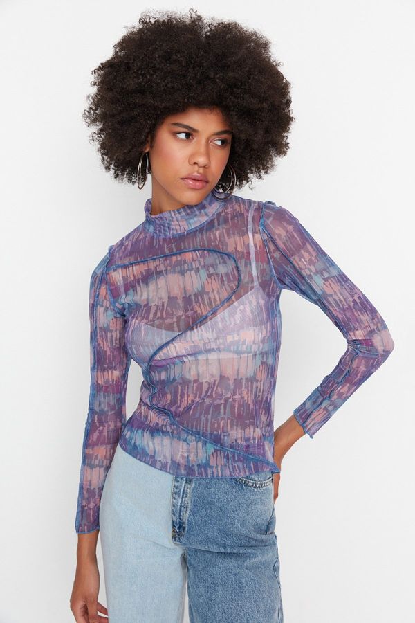TRENDYOL PURPLE PATTERNED STAND-UP COLLAR TULLE KNITTED BLOUSE