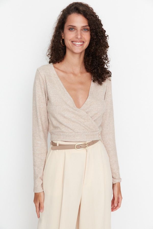 TRENDYOL BEIGE MELANGE KNITTED BLOUSE WITH DOUBLE BREASTED COLLAR, SOFT